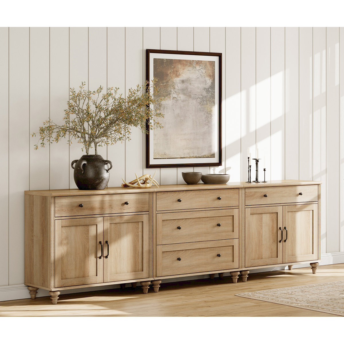 Charlton Home® Scarlett Sideboard Cabinet With 5 Drawers And 4 Doors, Vintage Wood Grain Design ...